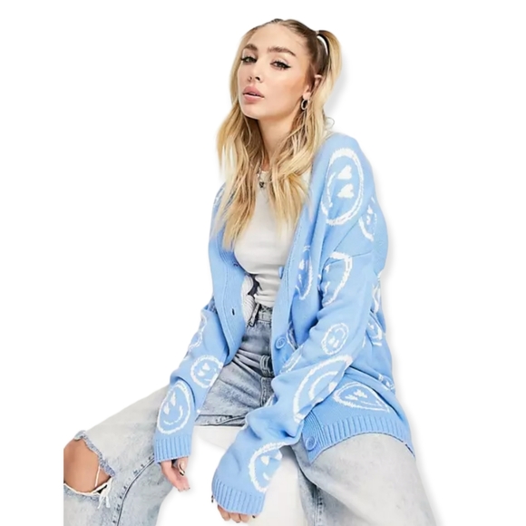 ASOS | Sweaters | Asos Blue Smiley Face Cardigan | Poshmark